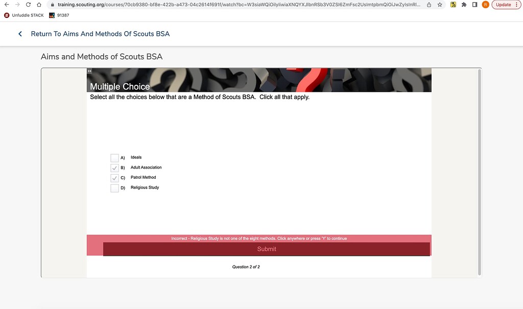 Quiz at end of "Aims and Methods of Scouts BSA" always fails me ...