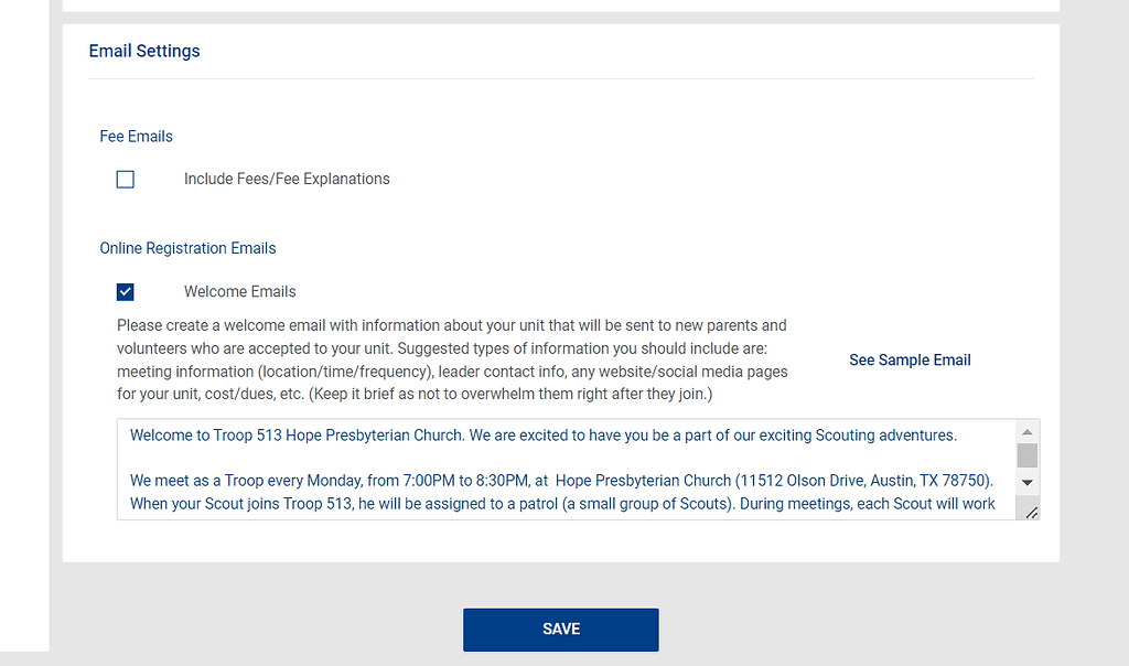 Welcome Email in my scouting -> Organization Manager -> Settings - My ...
