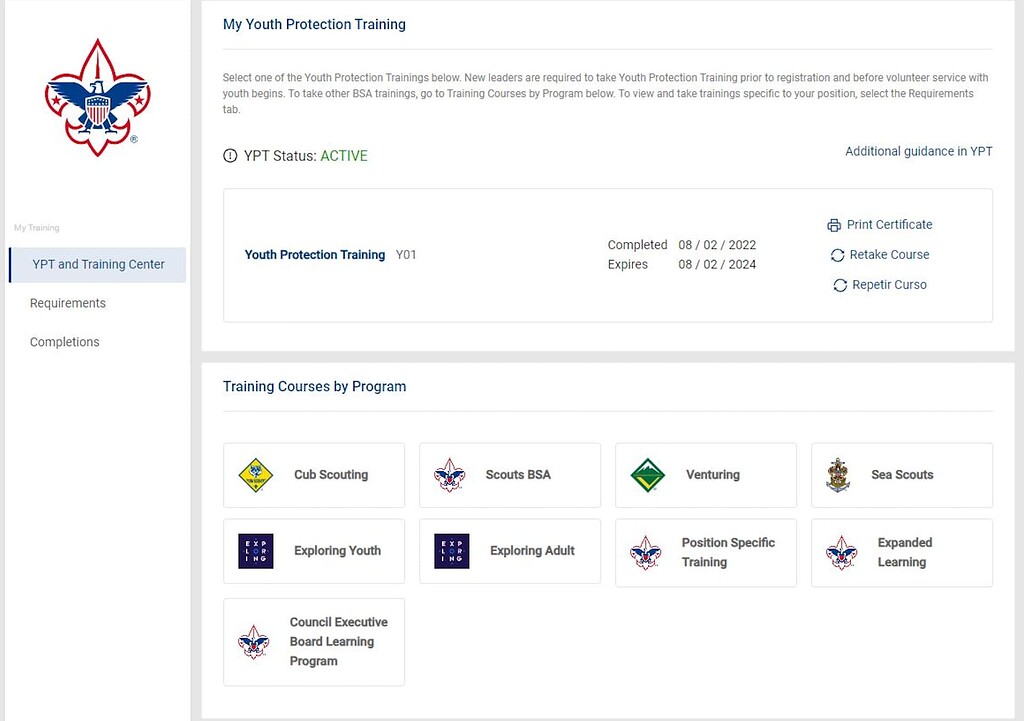 YPT Training Not Updating (No New Certificate) - Training - Scouting Forums