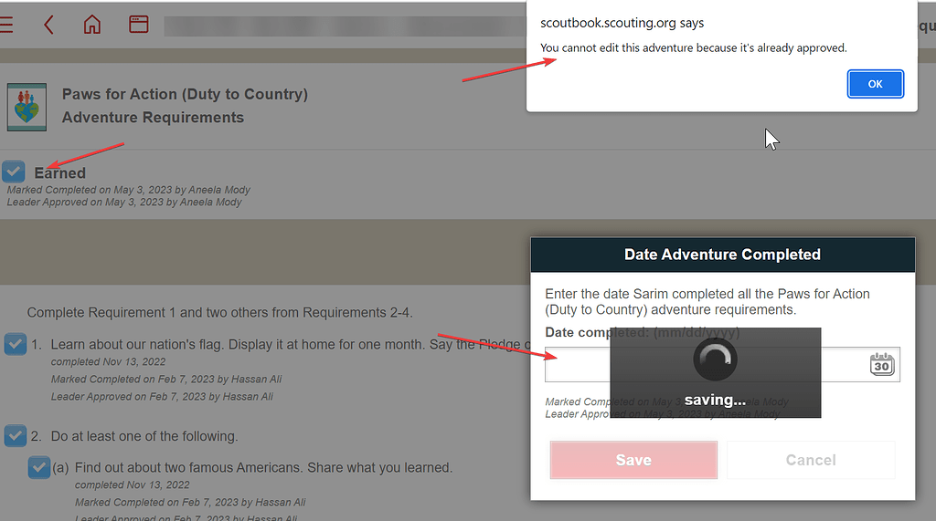 Unable to undo approved adventure - Feature Assistant Extension - Scouting Forums