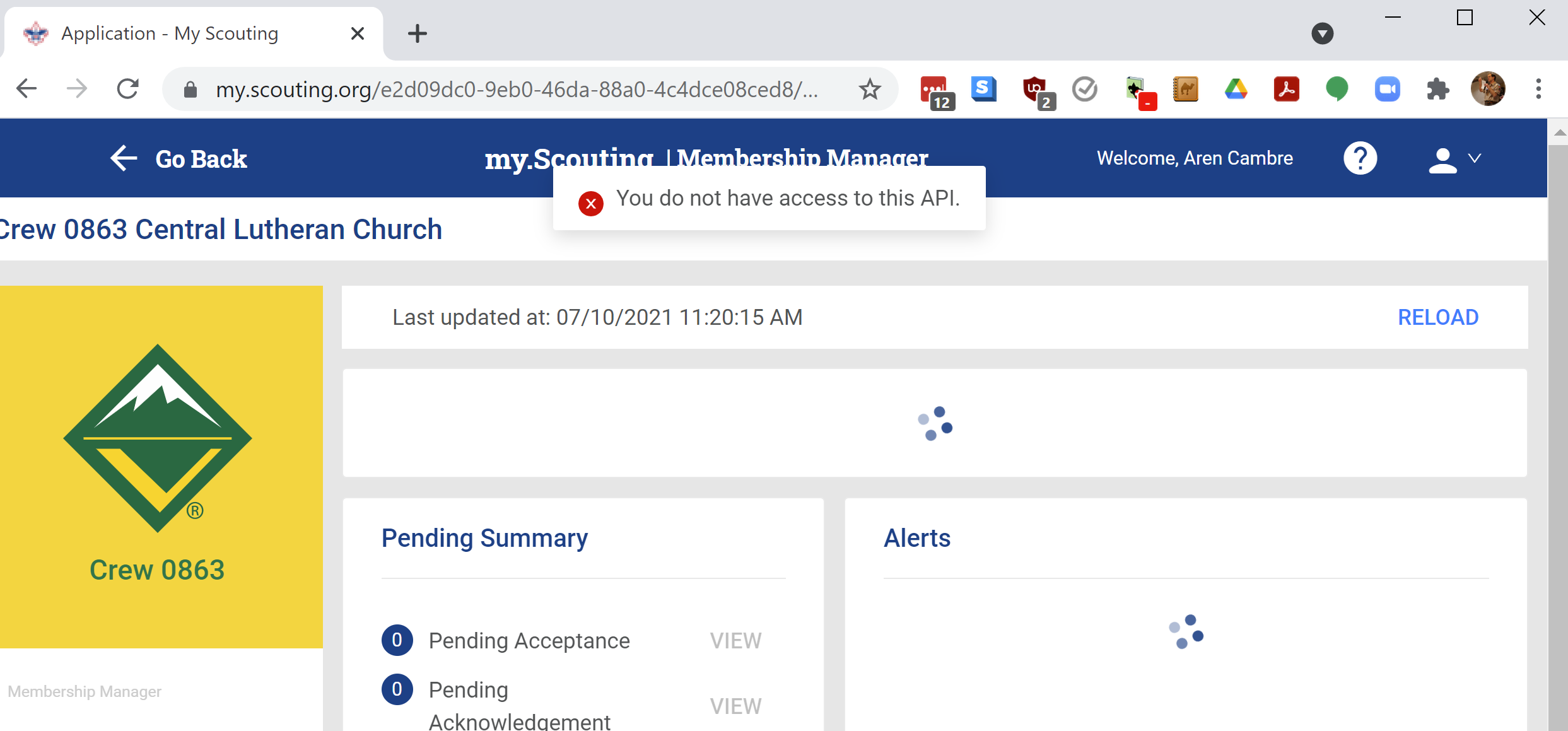 API error when accessing applications - My Scouting Tools - Scouting Forums