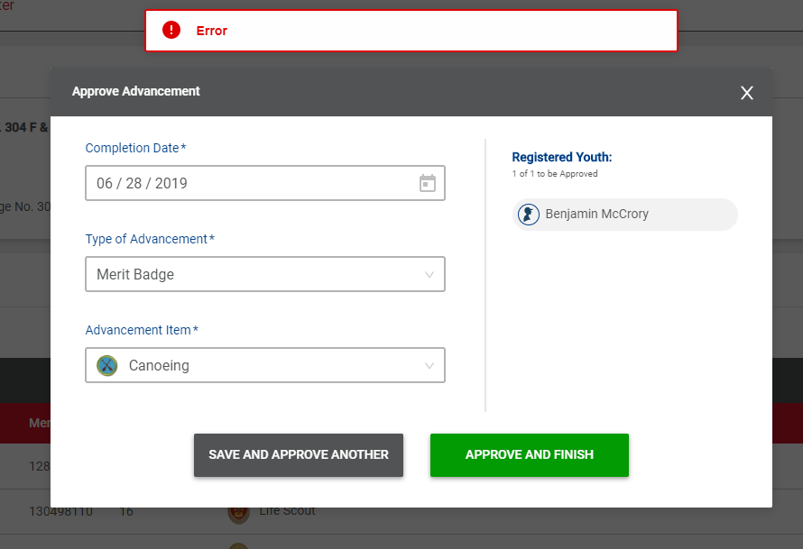 Error message entering advancement - Internet Advancement - Scouting Forums