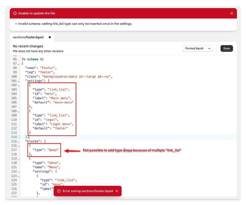 Issue: Unable to use type: @app blocks when multiple link_list settings exist - Online Store and ...