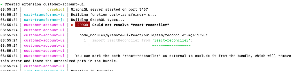 Could not resolve "react-reconciler" - Extensions - Shopify Developer Community Forums