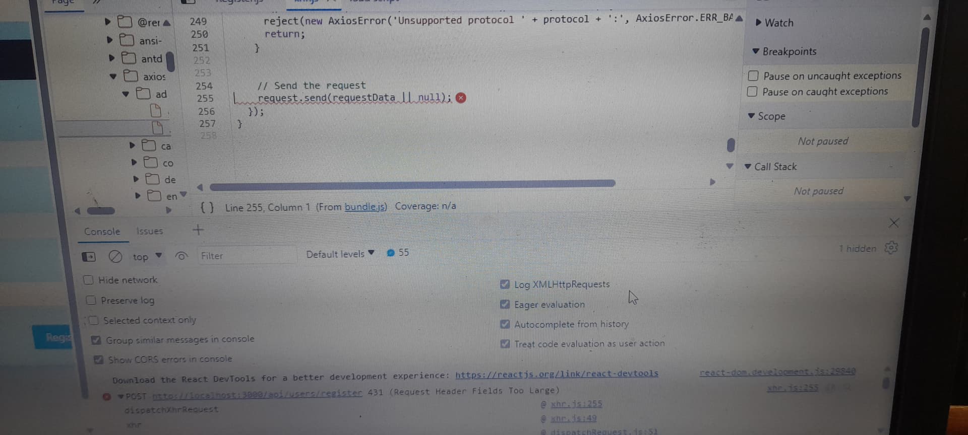 Error 431 Request Header Field Apiusersregister Too Large Javascript Sitepoint Forums