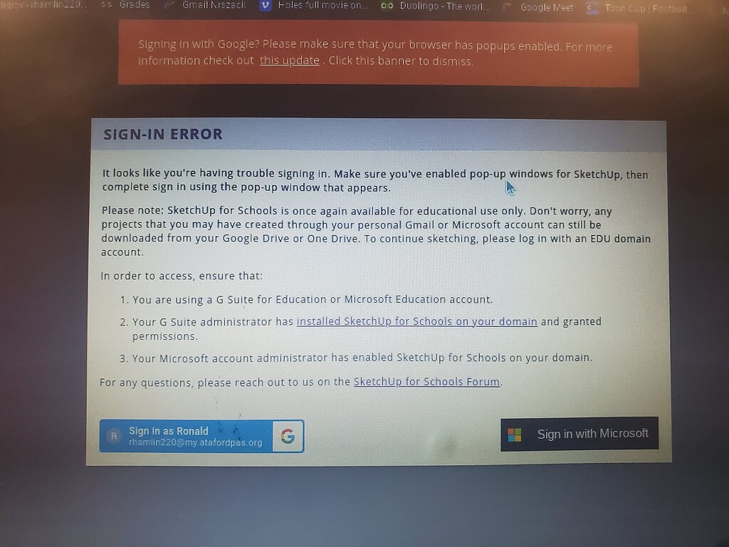 Sketchup for school pop error for single student - SketchUp for Schools ...