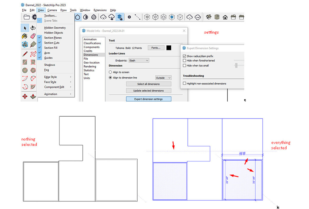 Guide lines and Dimensions are invisible - Pro - SketchUp Community