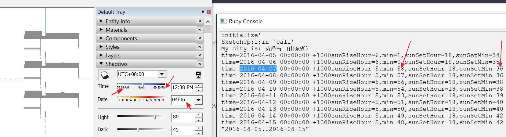Sunrise Time From Ruby Script Is A Little Different From Sketchup Application Ruby Api