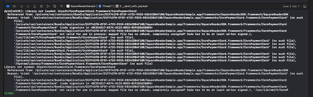 SquareReaderSample.app/Frameworks/CorePaymentCard.framework/CorePaymentCard' (no such file ...