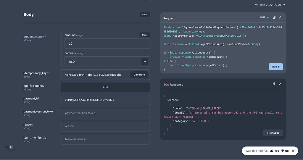 Internal Server Error when Refunding a payment in Sandbox - Questions - Square Developer Forums