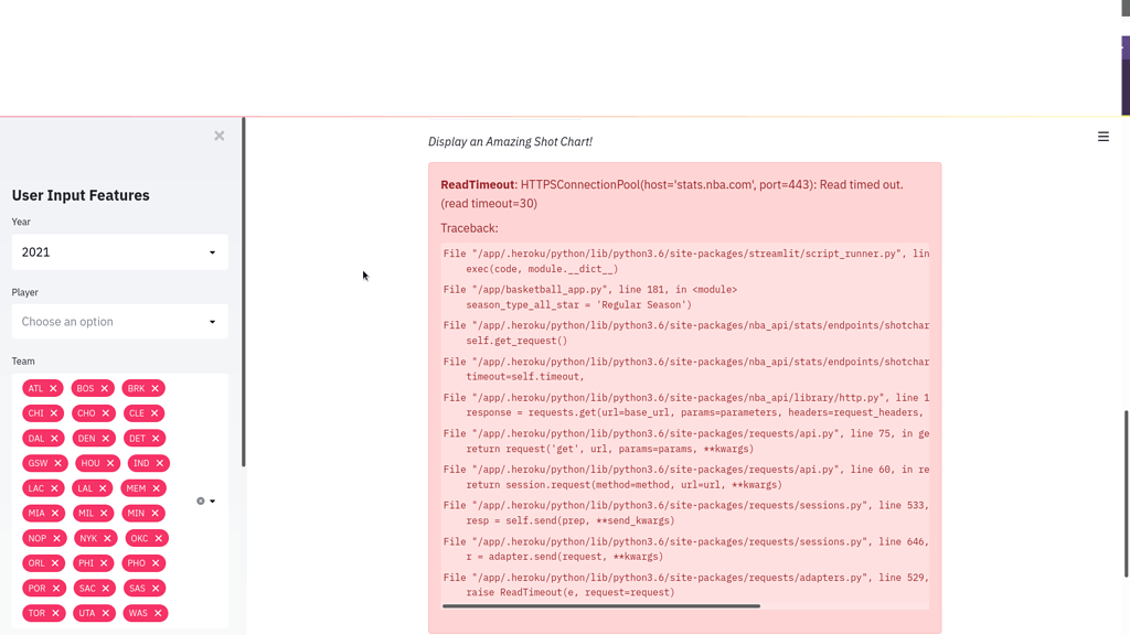 Deploying NBA app in heroku, error HTTPSConnectionPool, Read Timed out - Using Streamlit - Streamlit