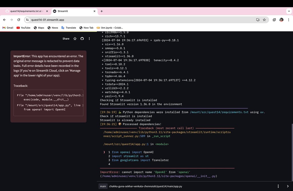 Open AI Import Error - Community Cloud - Streamlit