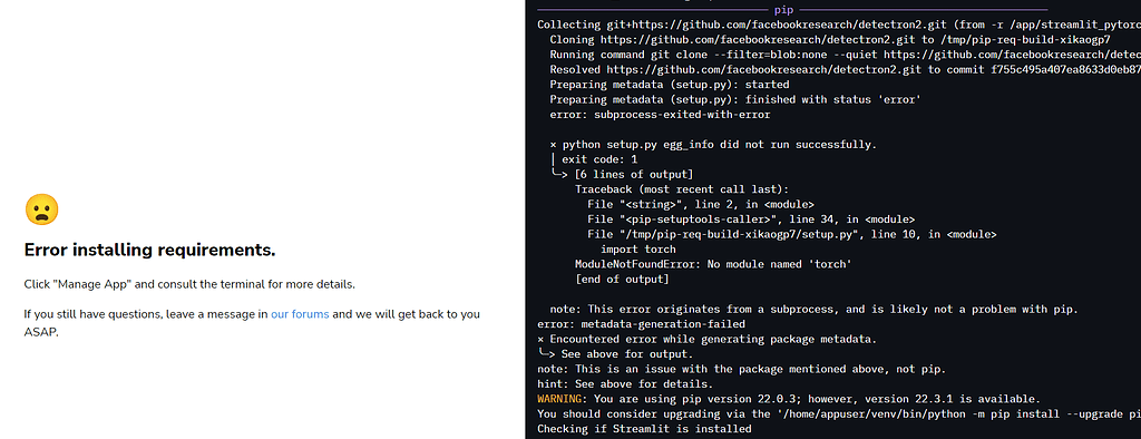 Error When Using Streamlit Cloud Detectron2 Community Cloud Streamlit 