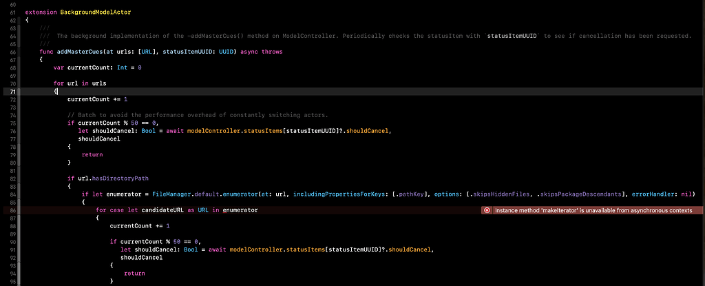 Xcode 16.3: Can't use `makeIterator` via FileManager's enumerator(at:) in async function - Using ...