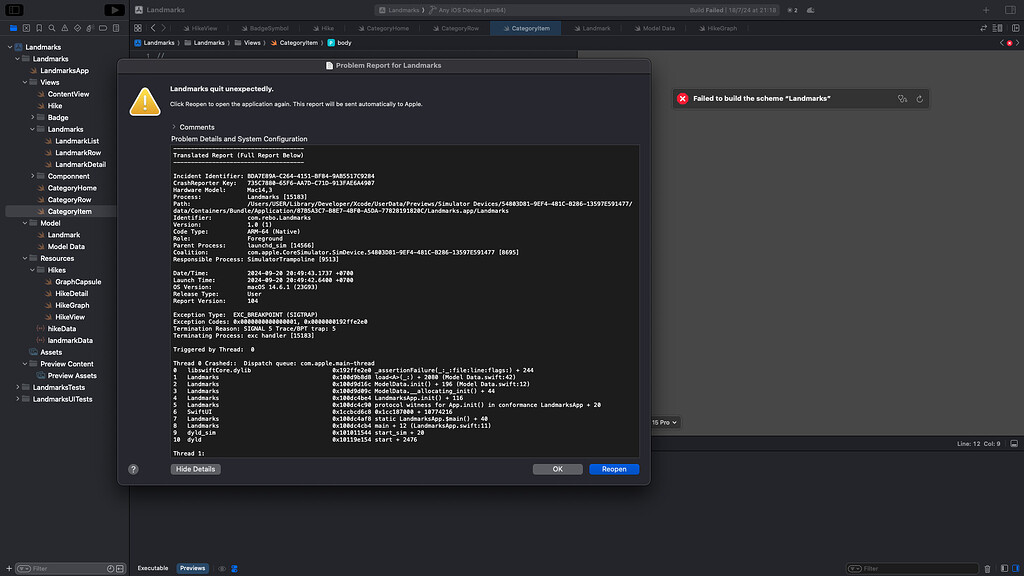 Quit unexpectedly when enable code preview - Using Swift - Swift Forums