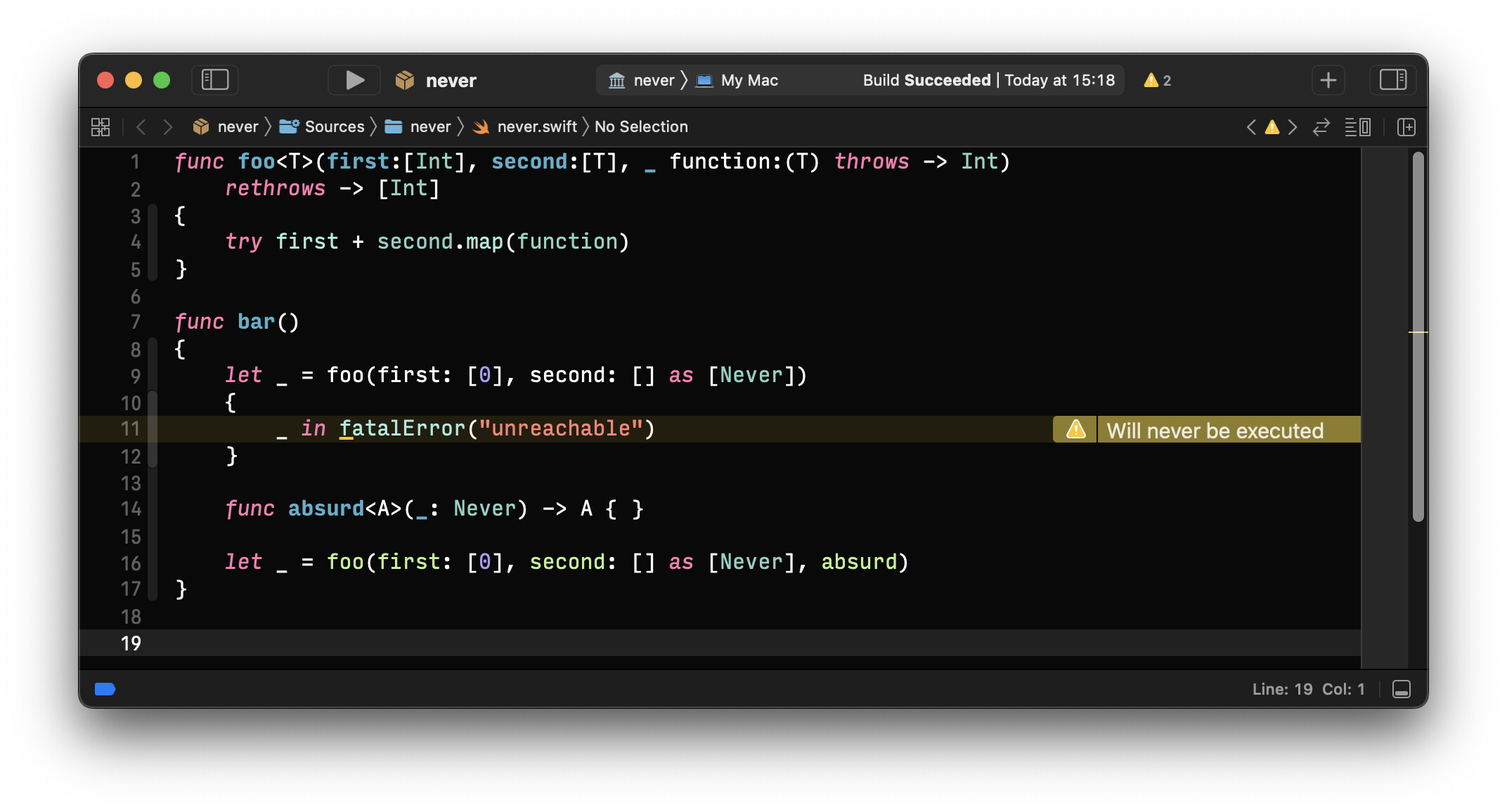 How To Supress “will Never Be Executed” Warning From Closure Parameter Of Type `never` Using