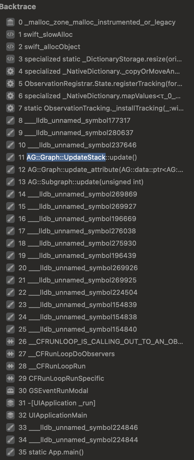 Any way to see SwiftUI symbols in backtrace? - Using Swift - Swift Forums Any way to see SwiftUI symbols in backtrace? - Using Swift - Swift Forums