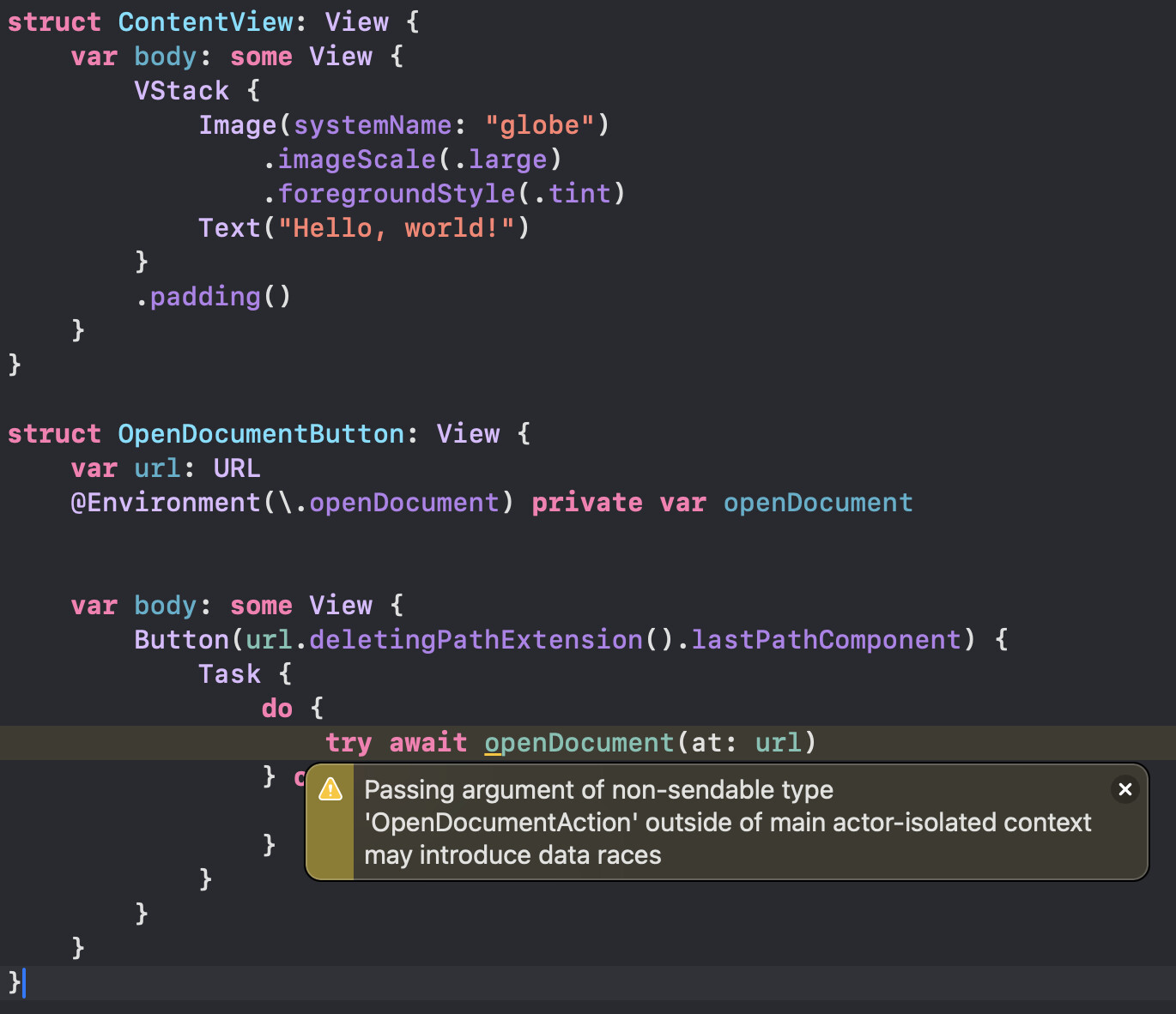 Ahhhh: Passing argument of non-sendable type 'OpenDocumentAction' outside of main actor-isolated ...