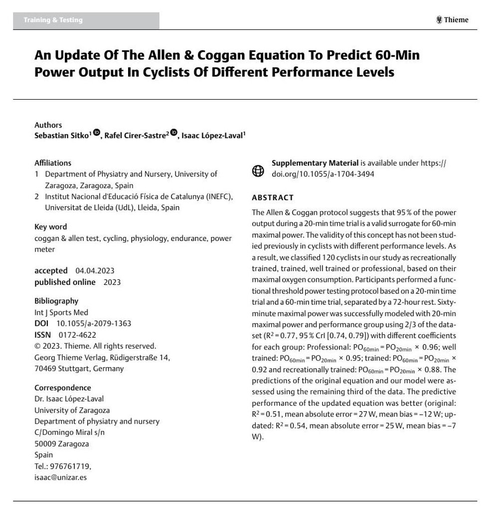 Study on % 20-min TT power to predict 60-min TT - Training - TrainerRoad