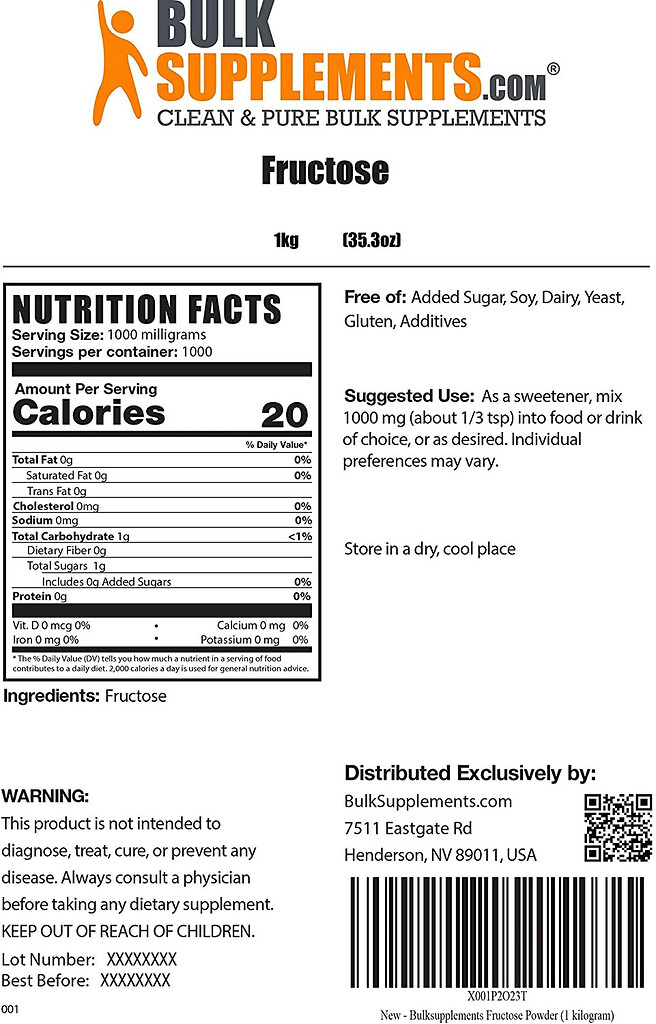 Fructose from Amazon (Bulk Supplements brand) - Nutrition - TrainerRoad