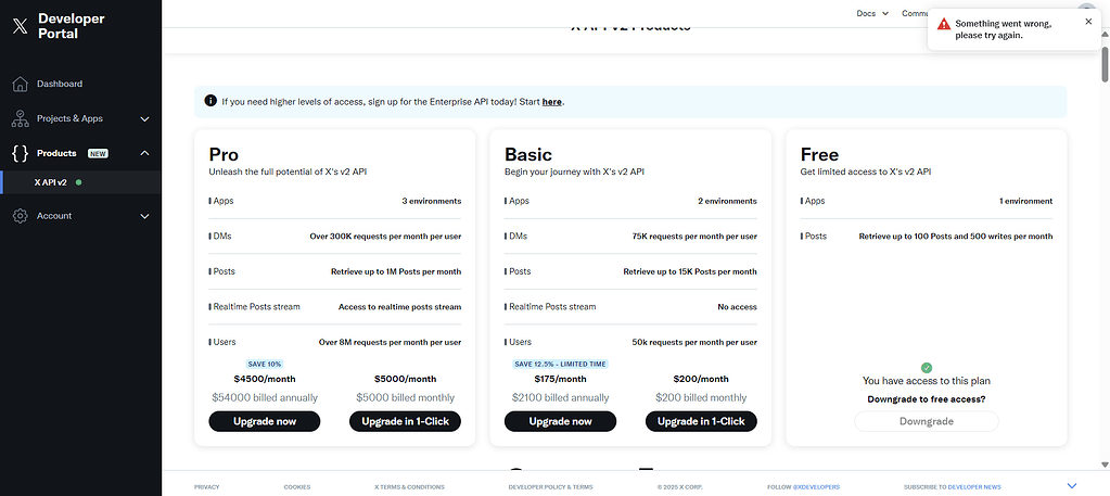 Issue Upgrading to Basic Plan – Payment Error("Something went wrong, please try again.") - X API ...