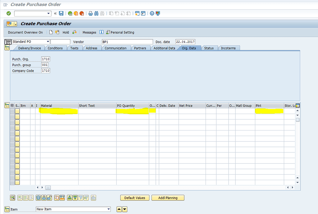 Issue in filling out items details in Purchase Order in SAP T-Code ...