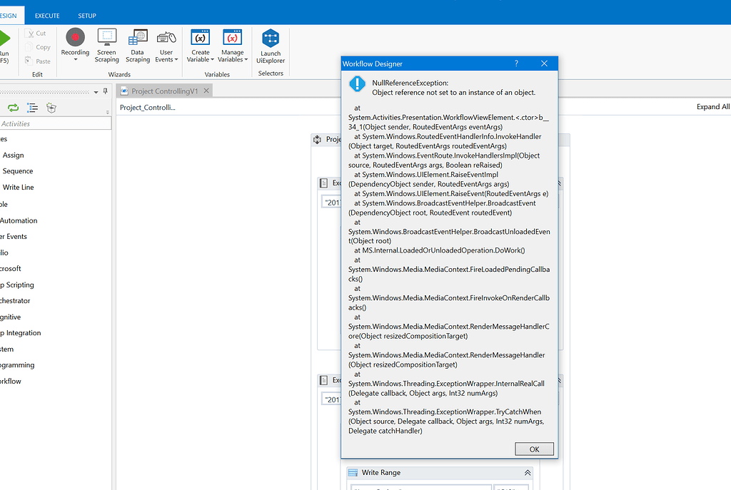 Workflow Designer window NullReferenceException error when connecting UiPath Robot with ...