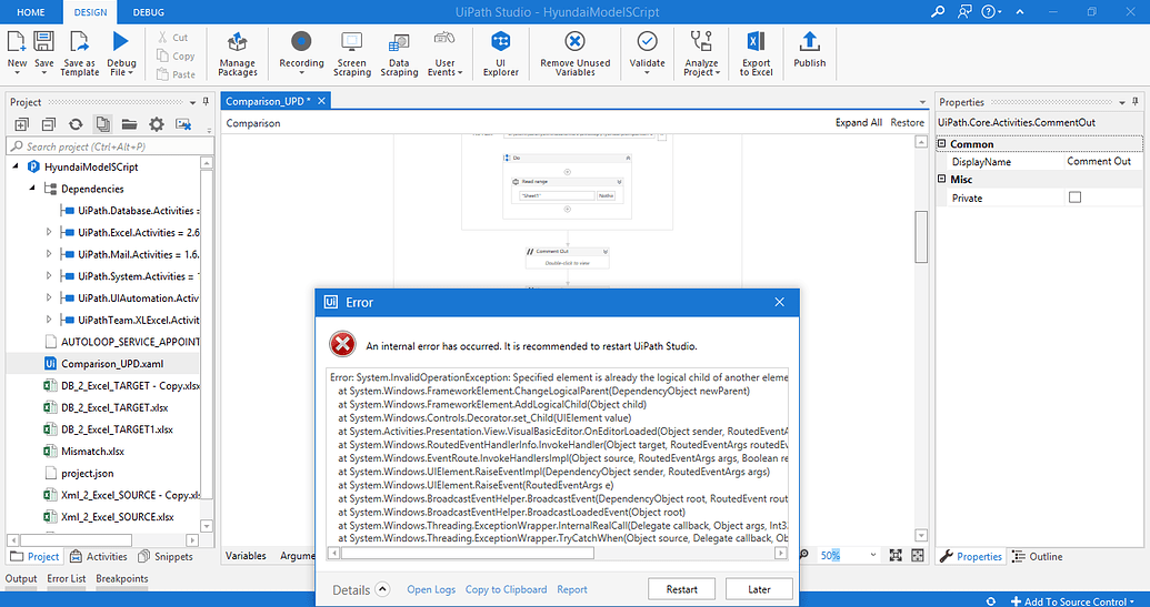 Not Able To Open Xaml Uipath Displaying An Internal Error Has Occurred It Is Recommended To