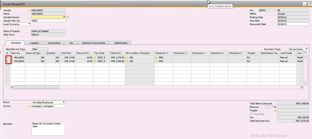 How I can click on matrix row number in SAP Business one - Orchestrator ...