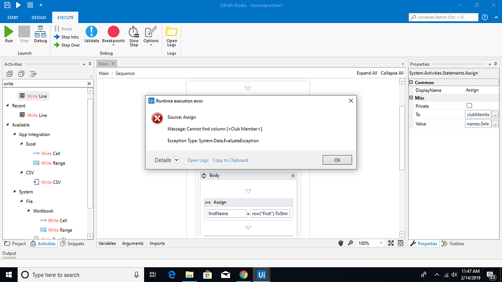 Cannot Find Column Club Member Exception Academy Feedback UiPath