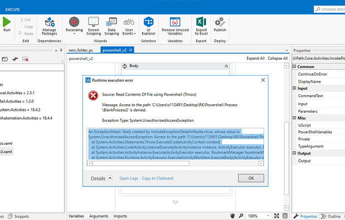 Invoke Powershell Activity Throwing Access Level Error Help Uipath Community Forum