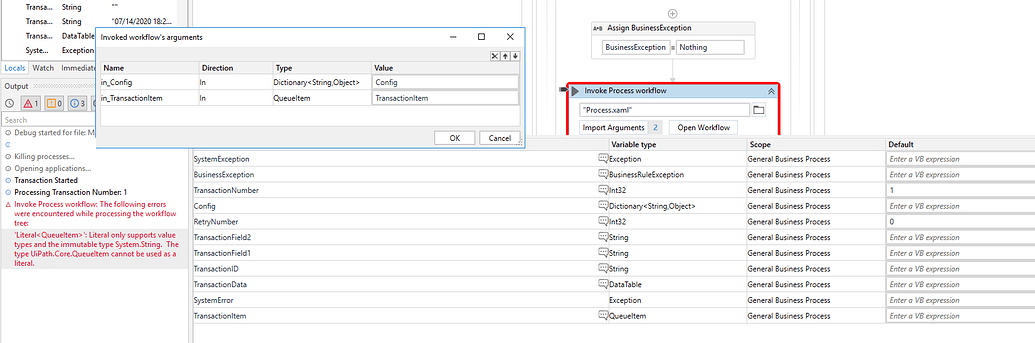 Invoke Process workflow file Issue - Literal :Literal only supports value types and the ...