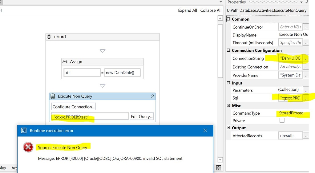 How To Call execute Oracle Procedure Function In UiPath Got Invalid SQL Stmt Error Random 