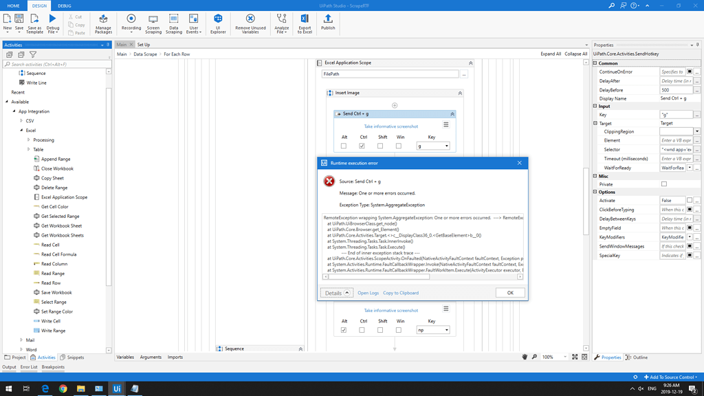 Send Hotkey In Excel Scope Throws System AggregateException Help