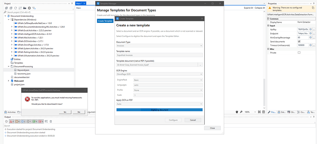 Document Understanding Error Install Missing Frameworks For Net While Creating The