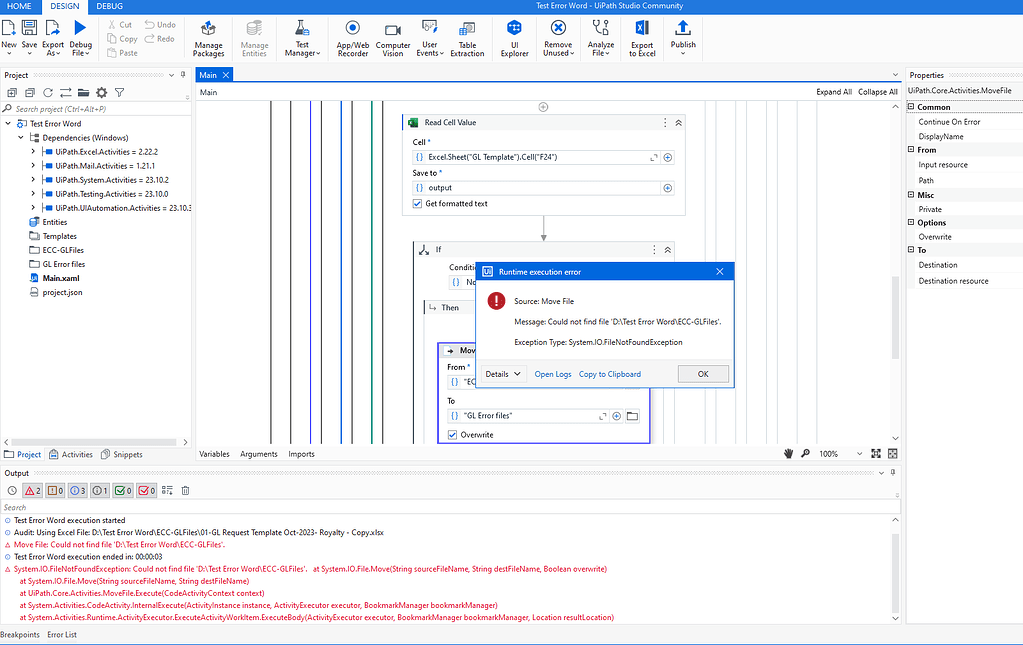 Hello, i need support for a excel files and move files activity ...