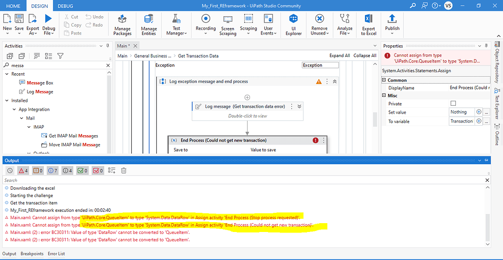 Cannot assign from type 'UiPath.Core.QueueItem' to type 'System.Data ...
