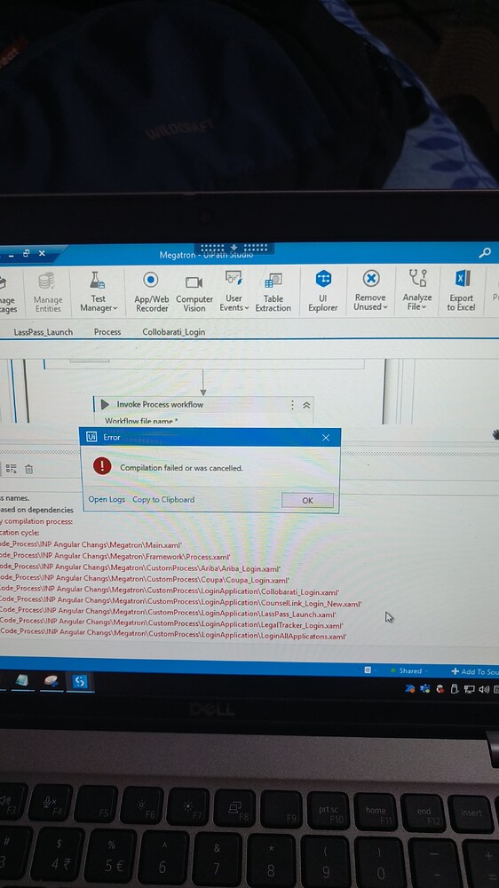 Unable to publish the Uipath workflow getting error "Compilation failed or was cancelled ...
