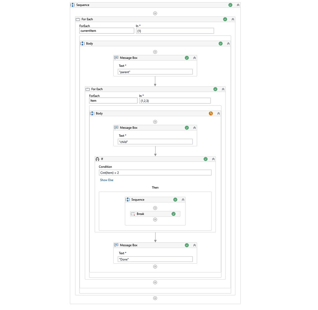 How to continues to next process on for each after set 'break ...