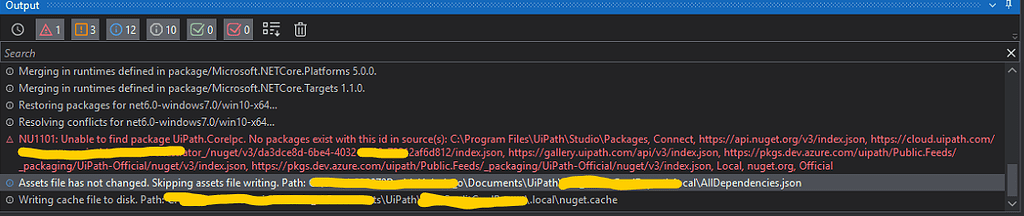 NU1101: Unable to find package UiPath.CoreIpc. No packages exist with this id in source(s ...