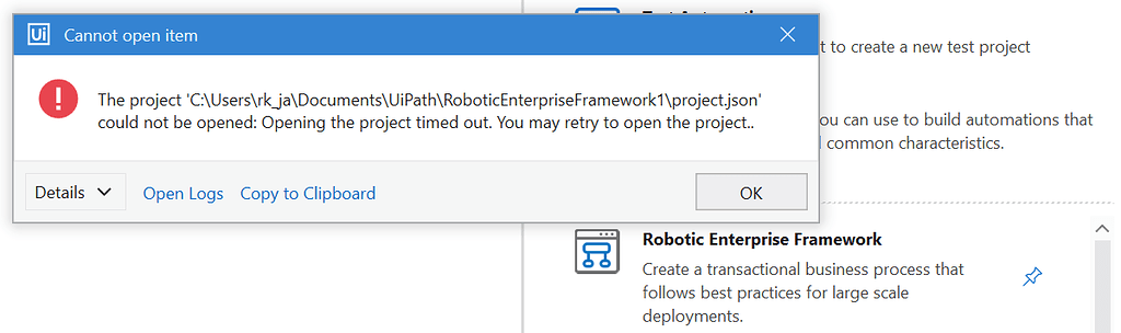 Getting Timeout Error while creating project with RE Framework type - Studio - UiPath Community ...