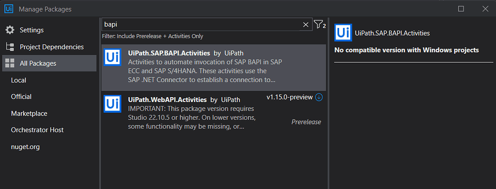 Uipath.SAP.BAPI.Activities could not use in Windows projects - Marketplace - UiPath Community Forum