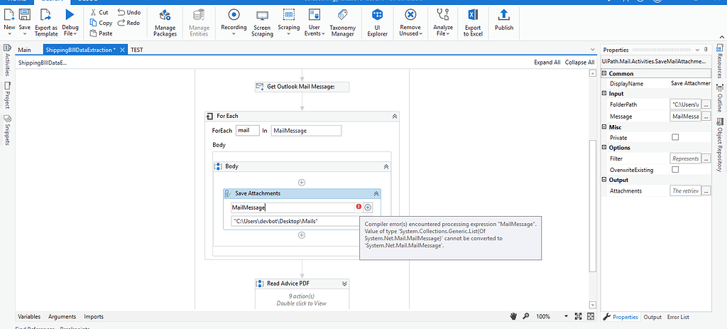 Trying To Use Save The Mail Attachment To Specified Folder By Using Save Attachment Error