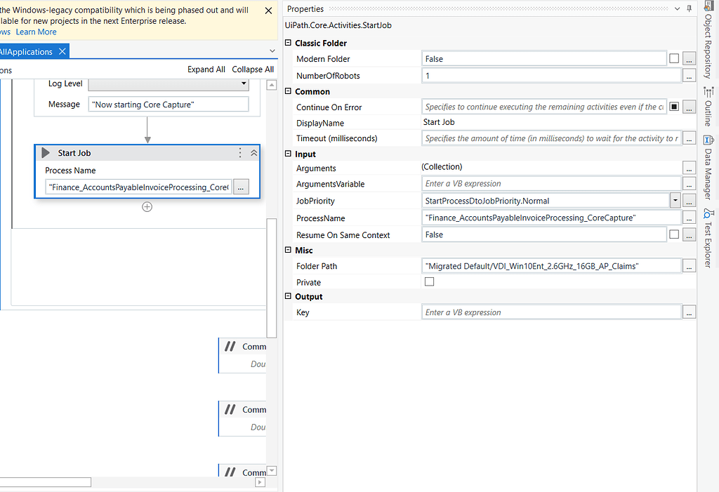 We Are Now Using Modern Folders But My Start Job Activity Wont Start The Job In Classic Folder
