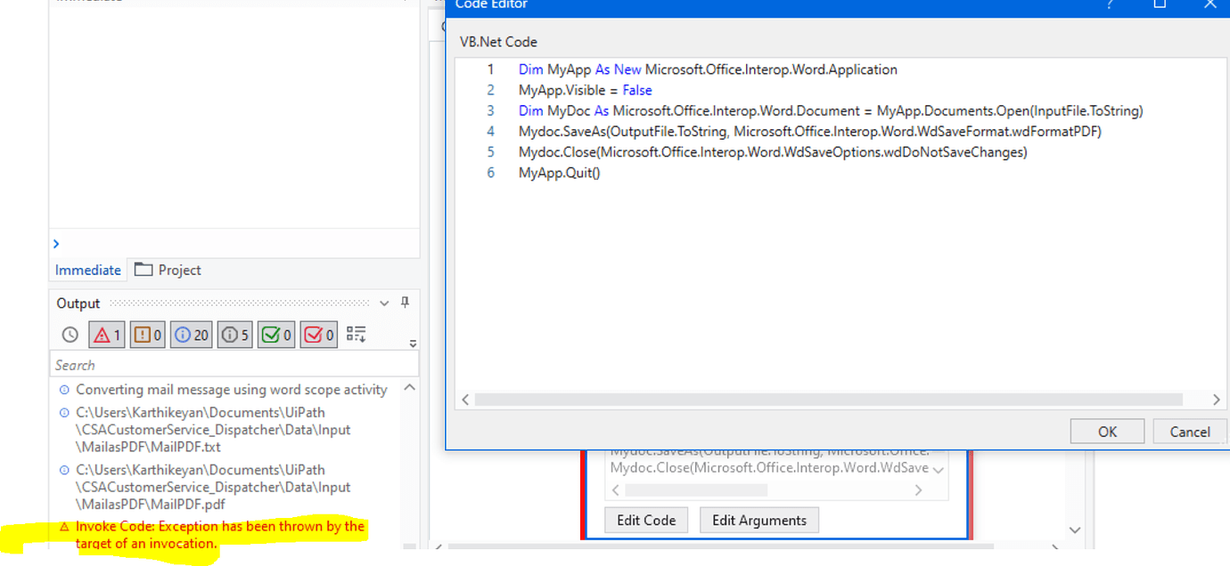 Invoke Code: Exception has been thrown by the target of an invocation(Save the work file into ...