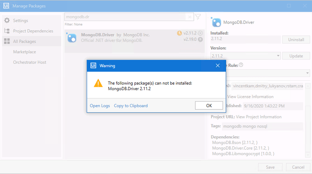 The Following package can't install: MongoDB.Driver - Activities ... The Following package can't install: MongoDB.Driver - Activities ...