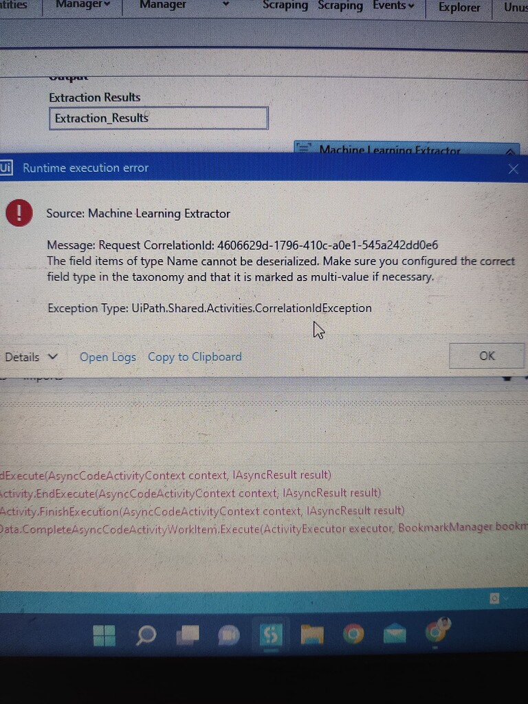 Error in the machine learning extractor - Activities - UiPath Community Forum