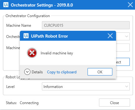 Uipath orchestrator error : invalid machine key - Academy Feedback - UiPath Community Forum