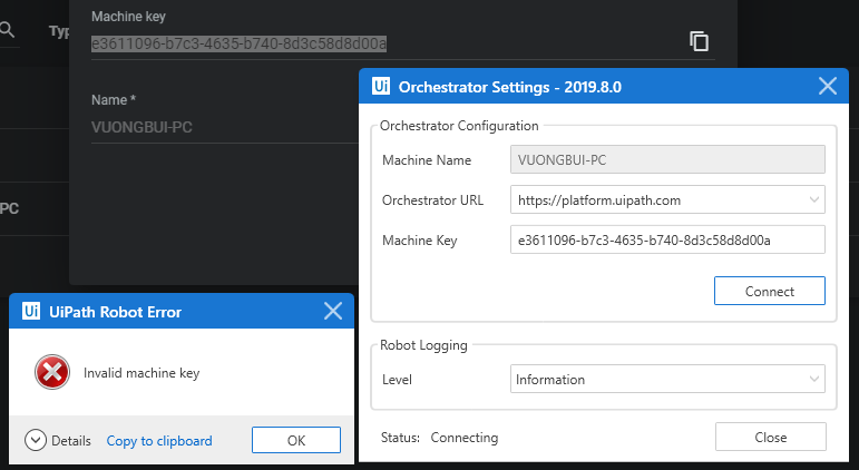 Uipath orchestrator error : invalid machine key - Academy Feedback - UiPath Community Forum