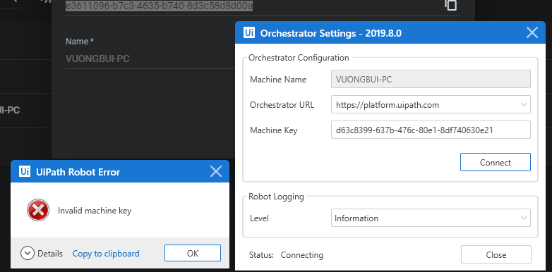 Uipath orchestrator error : invalid machine key - Academy Feedback - UiPath Community Forum